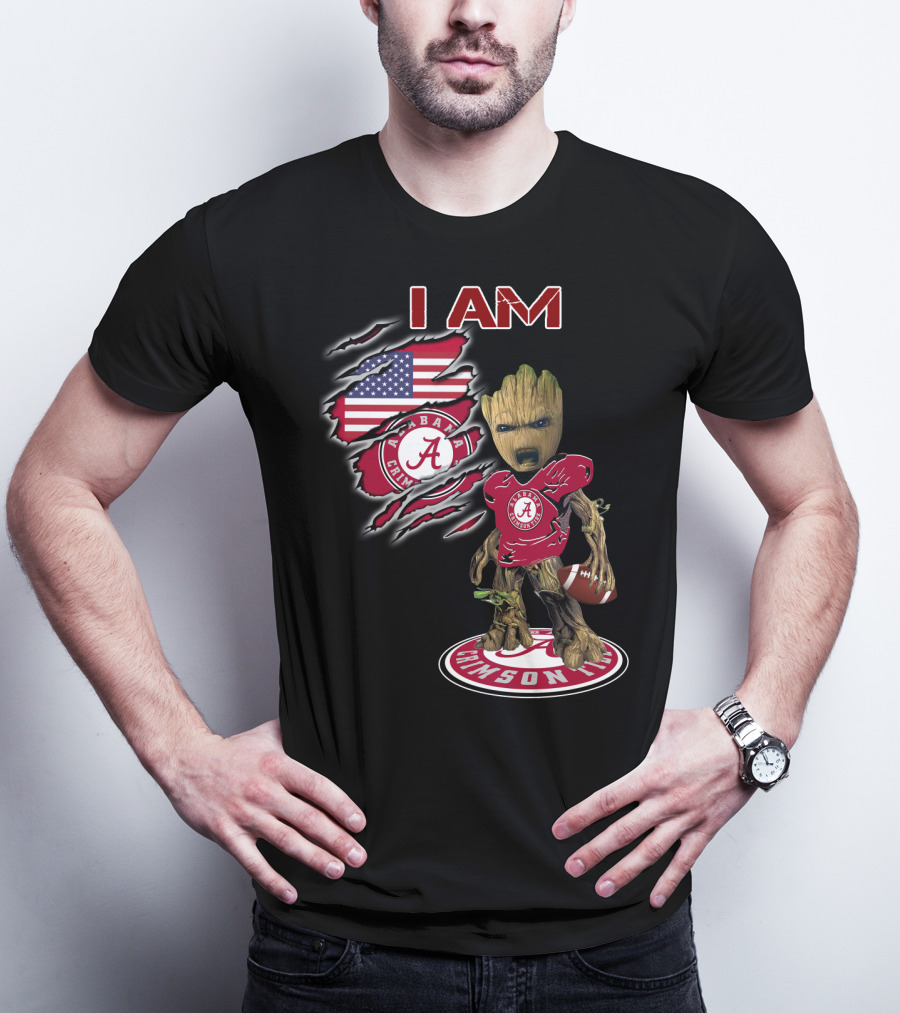 I Am Alabama Crimson Tide Football Fan Groot American Flag T-Shirt
