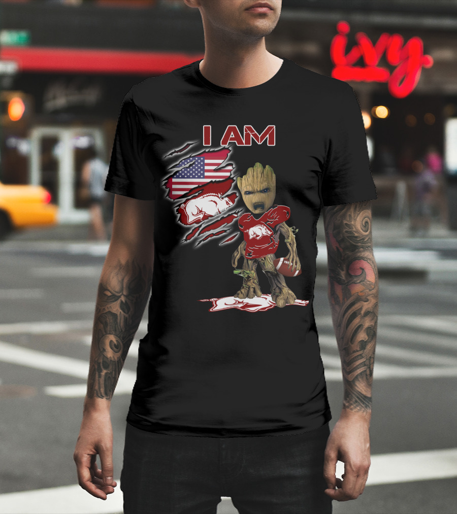 I Am Groot Arkansas Razorbacks Football Usa Flag T-Shirt