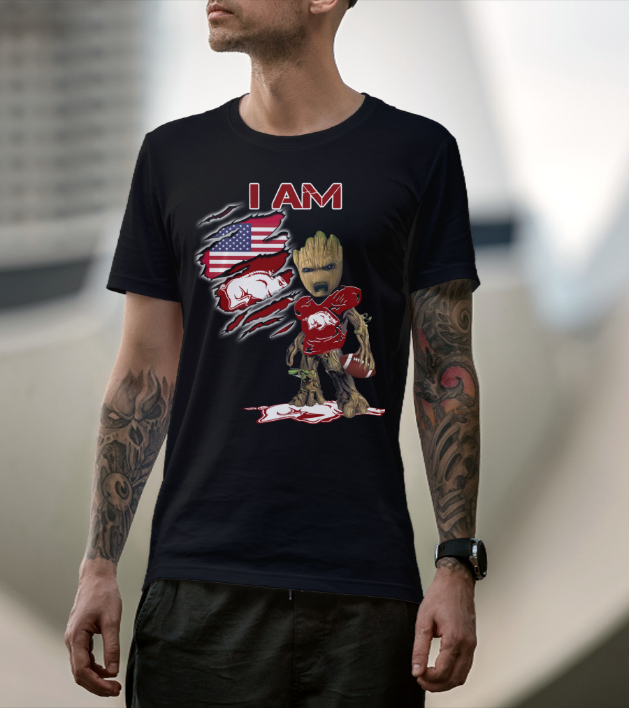 I Am Groot Arkansas Razorbacks Football Usa Flag T-Shirt