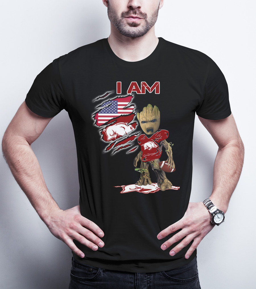 I Am Groot Arkansas Razorbacks Football Usa Flag T-Shirt