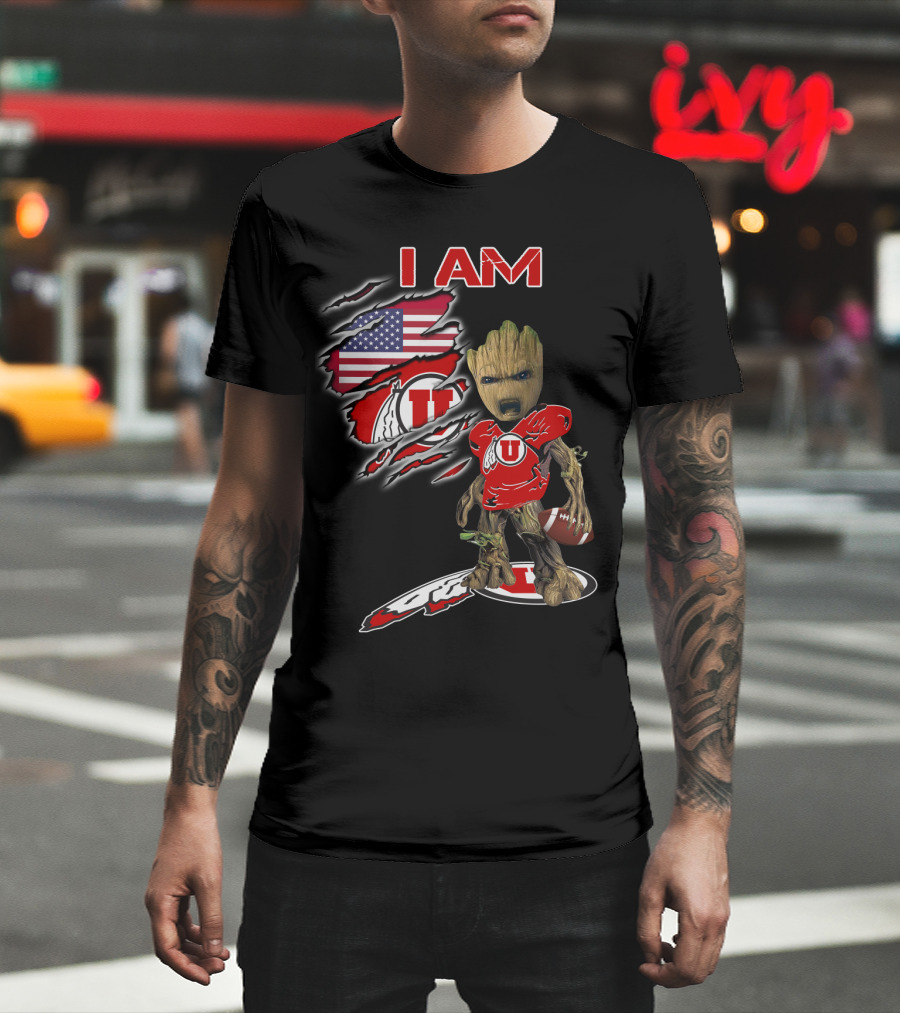 I Am U Utah Football Fan Groot American Flag T-Shirt