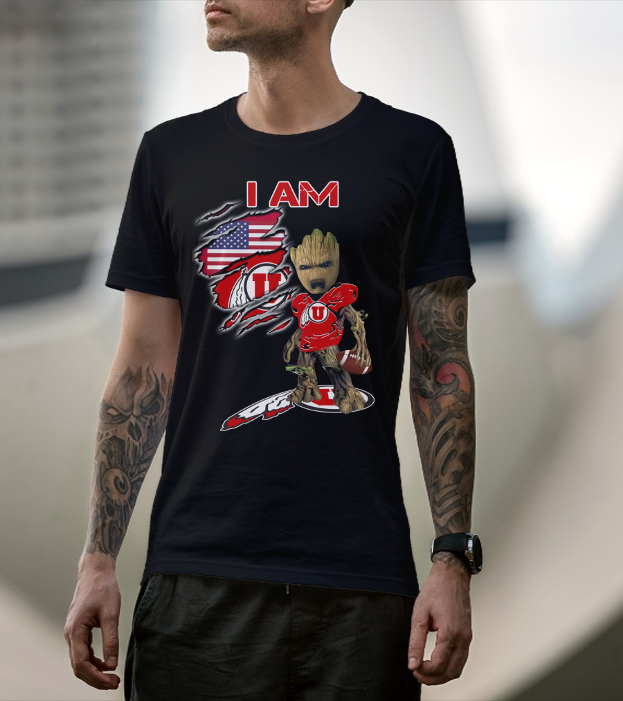I Am U Utah Football Fan Groot American Flag T-Shirt