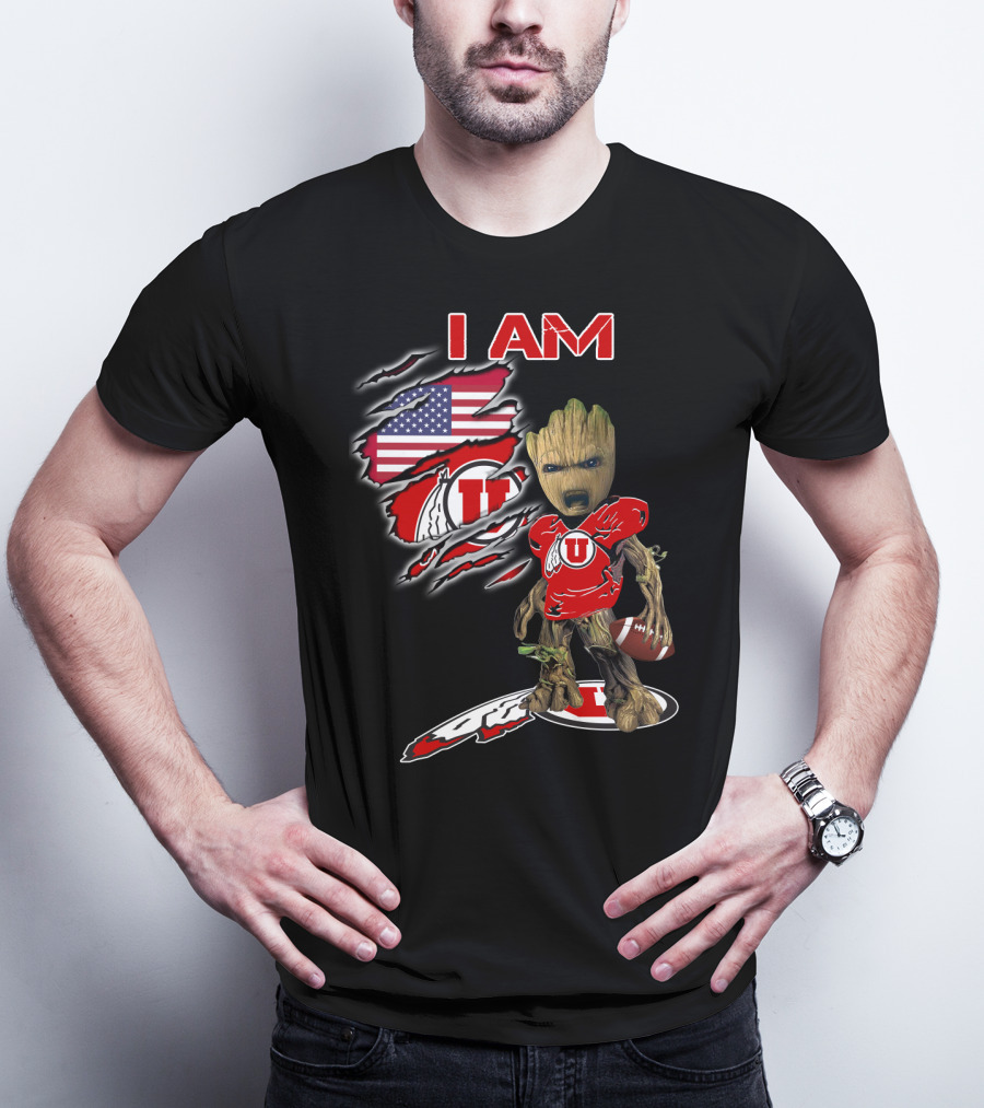 I Am U Utah Football Fan Groot American Flag T-Shirt