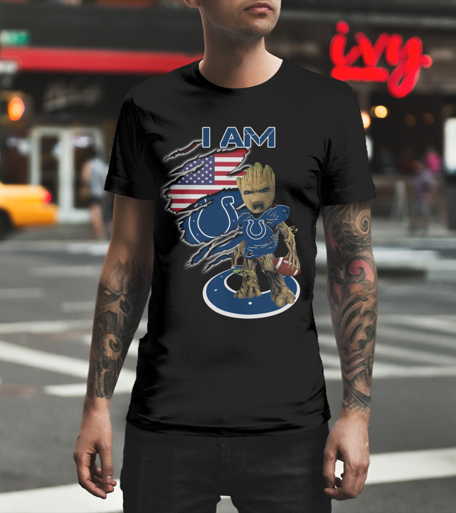 I Am Groot Colts Fan American Flag Football T-Shirt