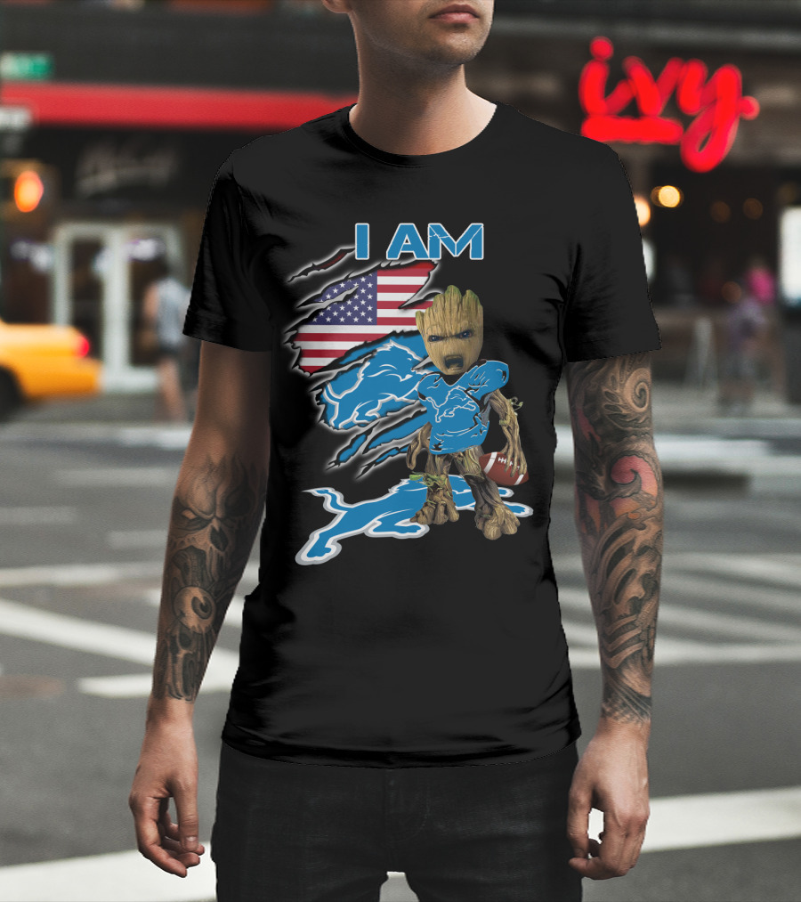 I Am Groot Detroit Lions Fan Football American Flag T-Shirt
