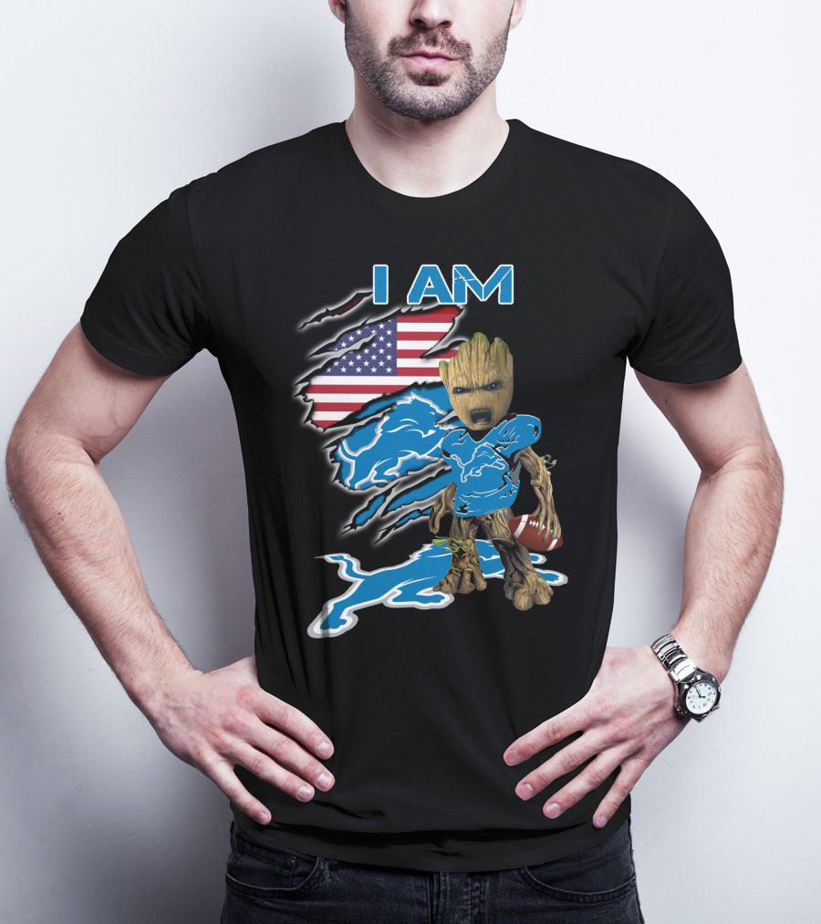 I Am Groot Detroit Lions Fan Football American Flag T-Shirt