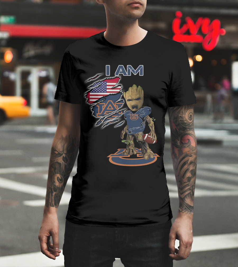 I Am Auburn Groot Football Fan Usa Flag Auburn Logo Football T-Shirt