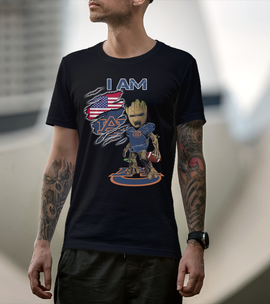 I Am Auburn Groot Football Fan Usa Flag Auburn Logo Football T-Shirt