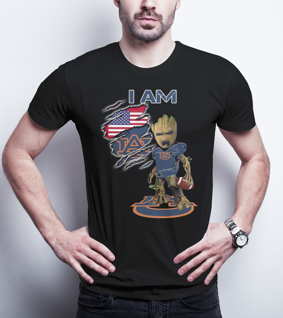 I Am Auburn Groot Football Fan Usa Flag Auburn Logo Football T-Shirt