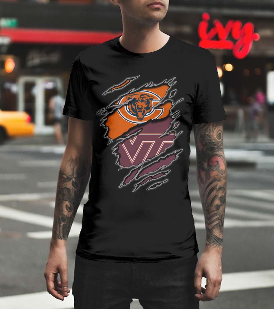 Chicago Bears And Virginia Tech Hokies Rip Claw Logo Fusion T-Shirt