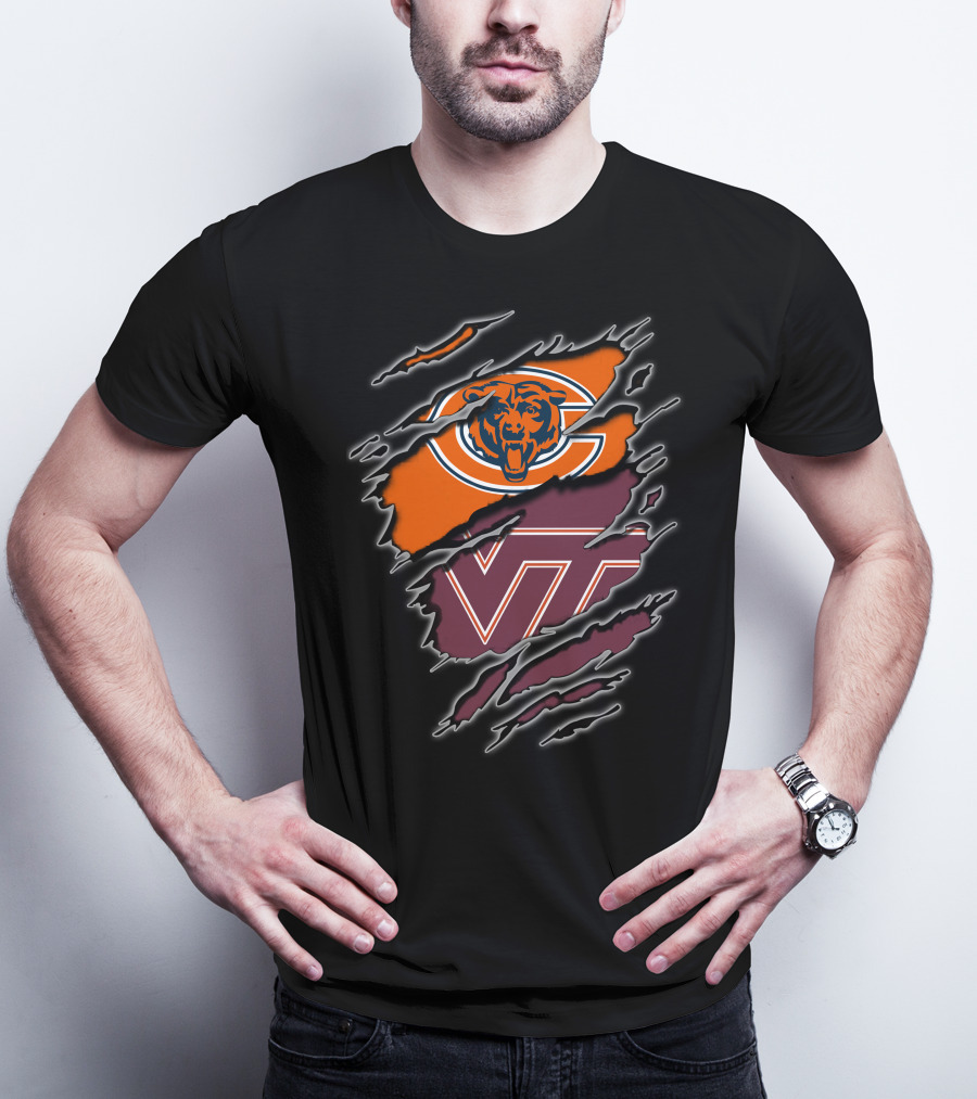 Chicago Bears And Virginia Tech Hokies Rip Claw Logo Fusion T-Shirt