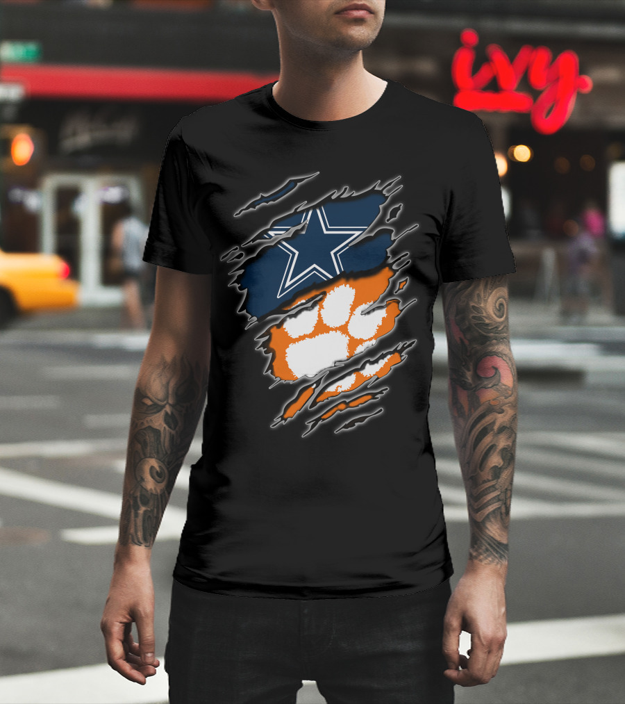 Cowboys Star Paw Clemson Logo Ripped T-Shirt