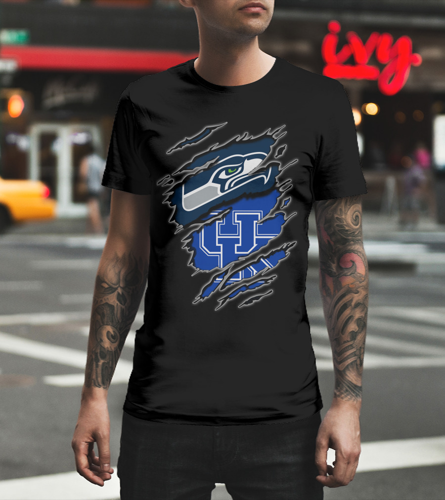 Seahawks Uk Blue Claw Mark Logo Ripped Effect T-Shirt