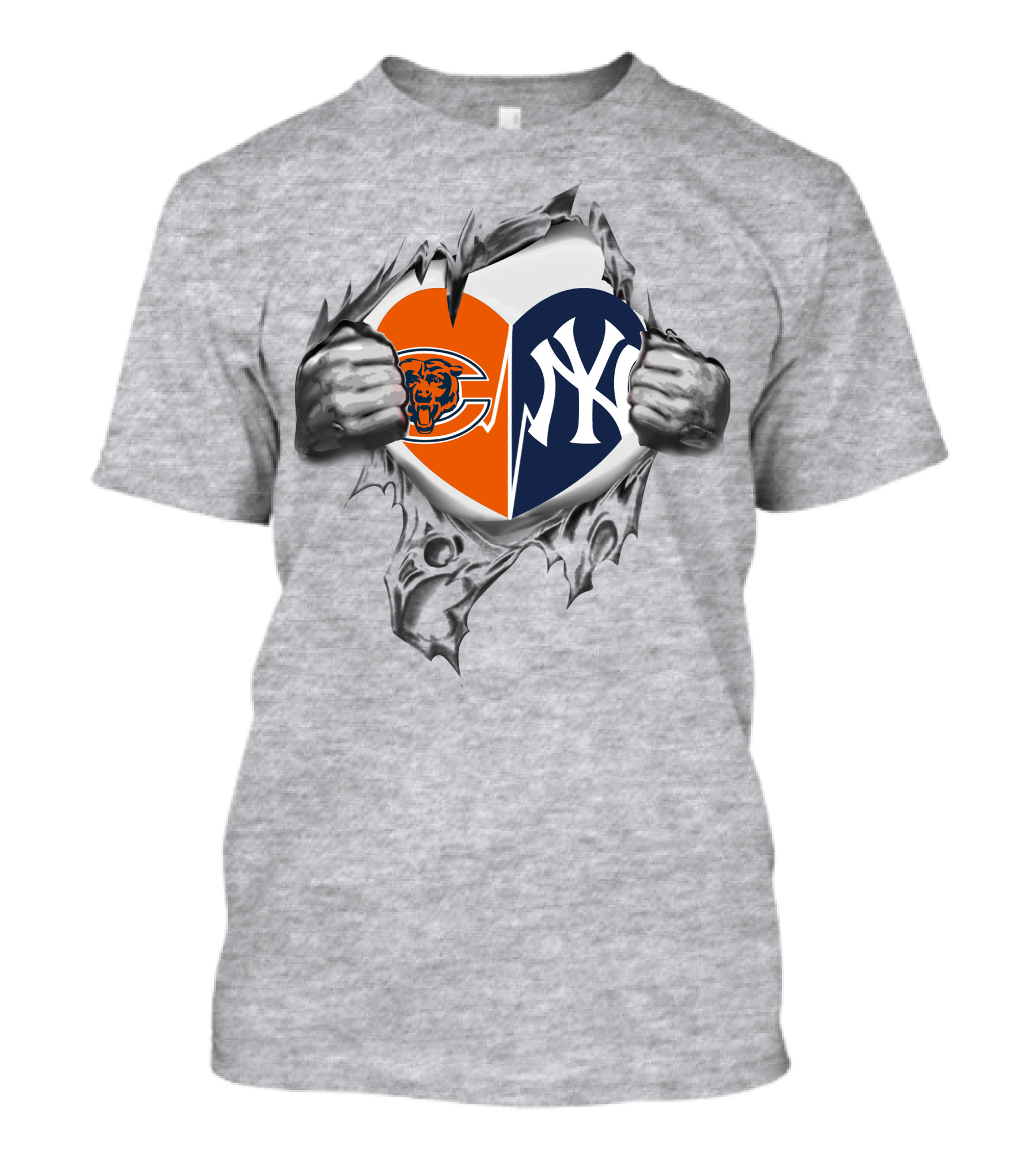 Chicago Bears New York Yankees Split Heart Rip T-Shirt