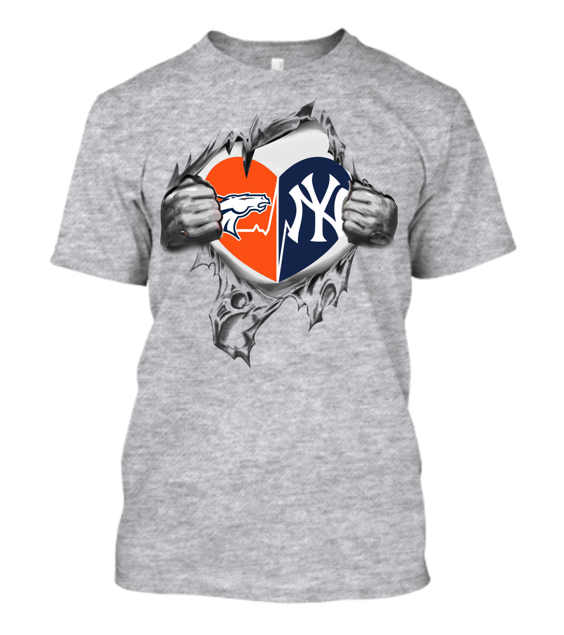 Broncos And Yankees Heart Split Design With Iconic Logo Mesh Tear Elements T-Shirt