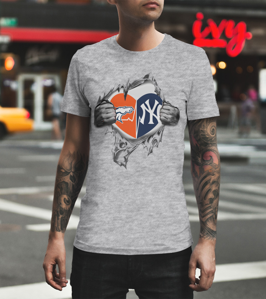 Broncos And Yankees Heart Split Design With Iconic Logo Mesh Tear Elements T-Shirt