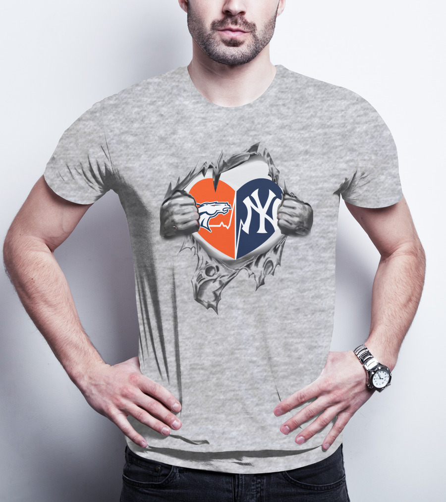 Broncos And Yankees Heart Split Design With Iconic Logo Mesh Tear Elements T-Shirt