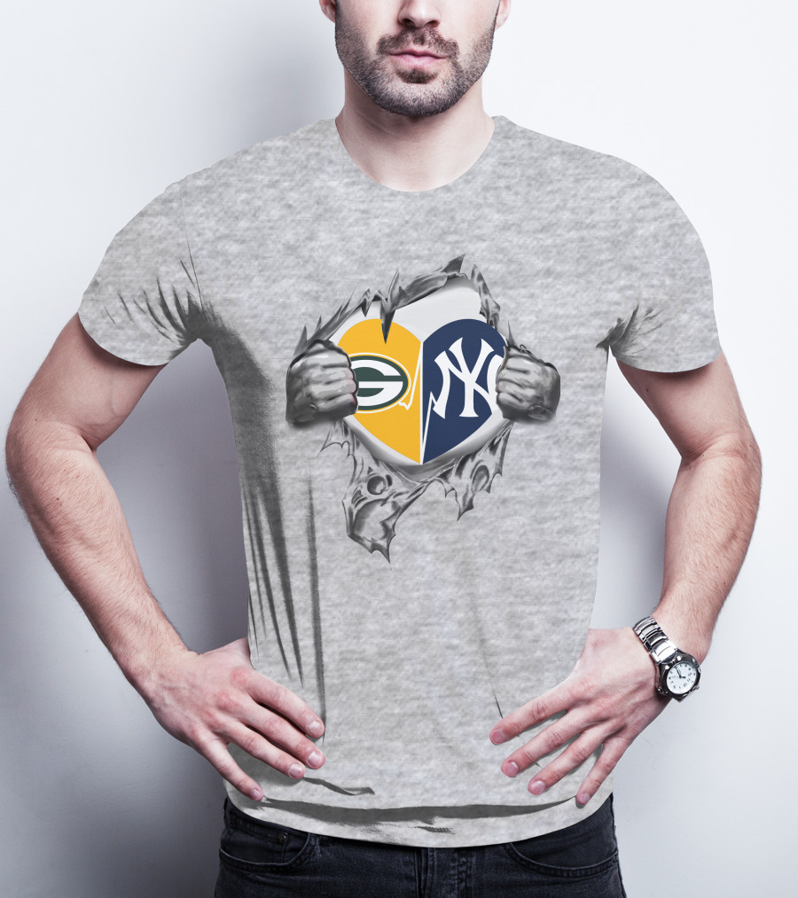 Packers Yankees Heart Split Logo Fusion T-Shirt