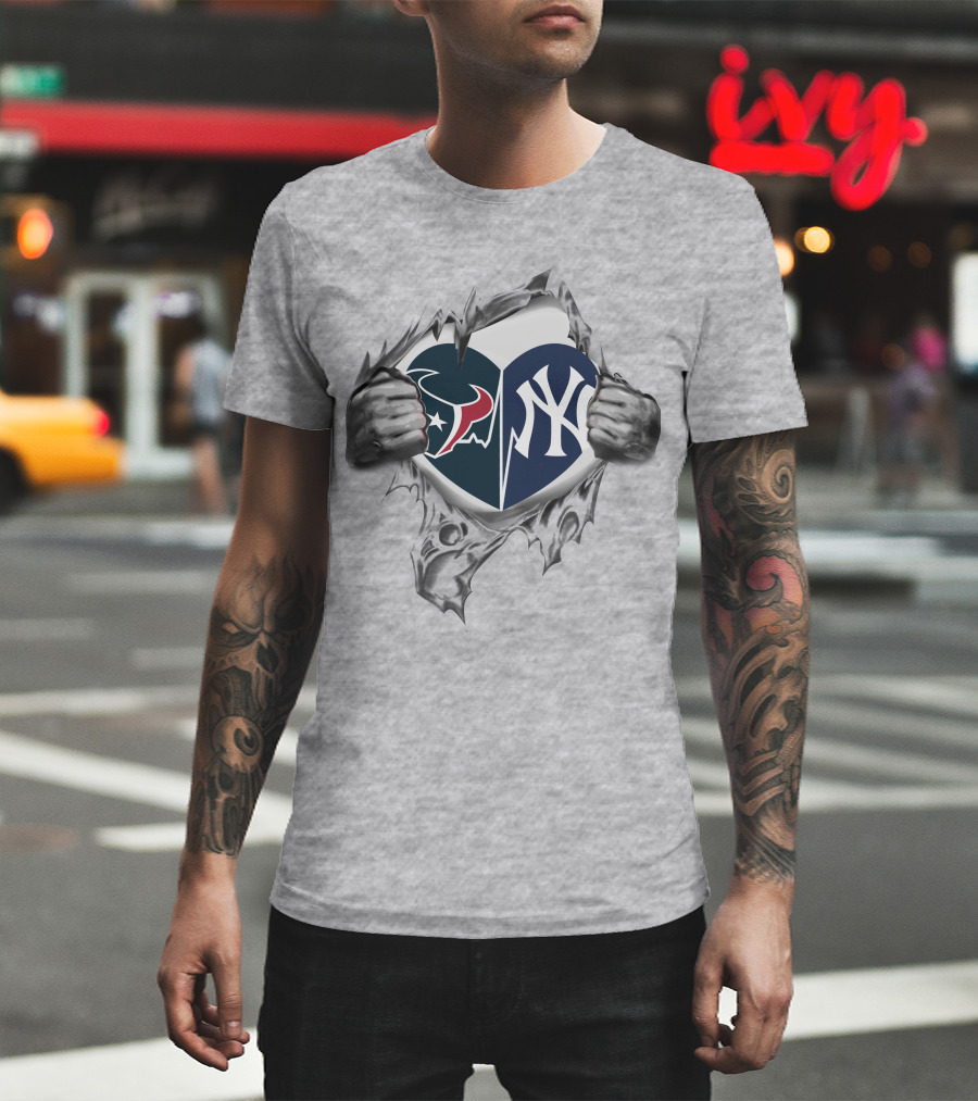 Texans Yankees NFL And MLB Split Heart T-Shirt