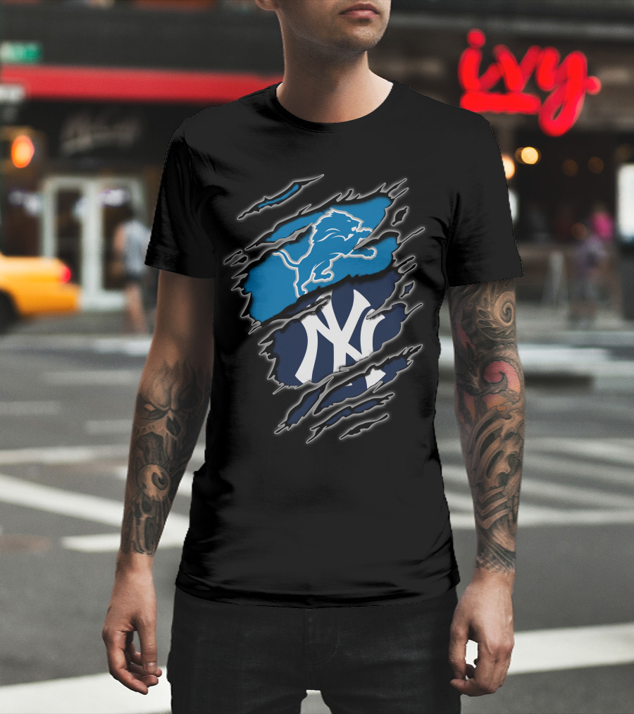 Detroit Lions New York Yankees Fan Merge T-Shirt