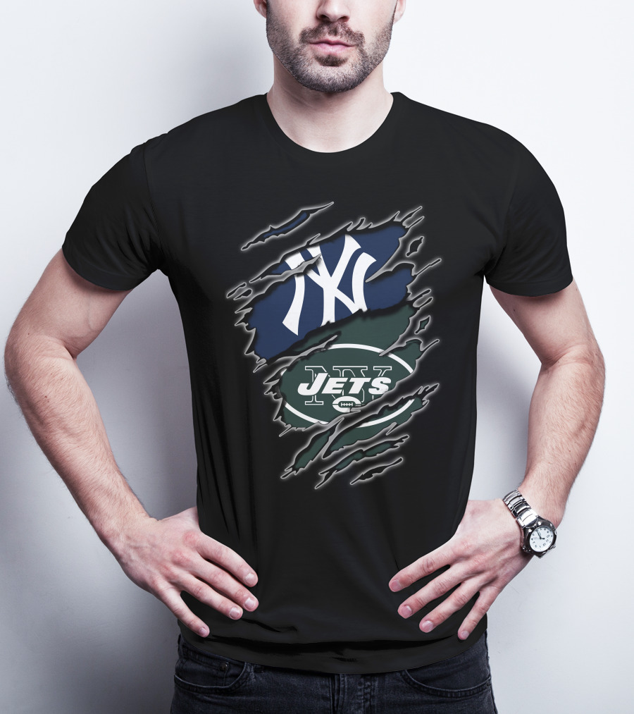 Yankees Jets Dual Logo Graphic With Torn Effect T-Shirt