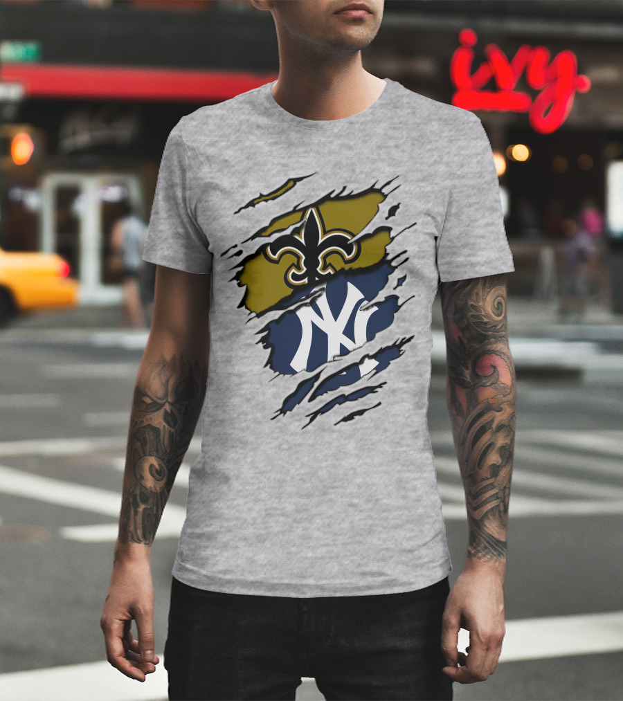 Saints Yankees Fleur-de-Lis And Interlocking NY Symbol Torn T-Shirt