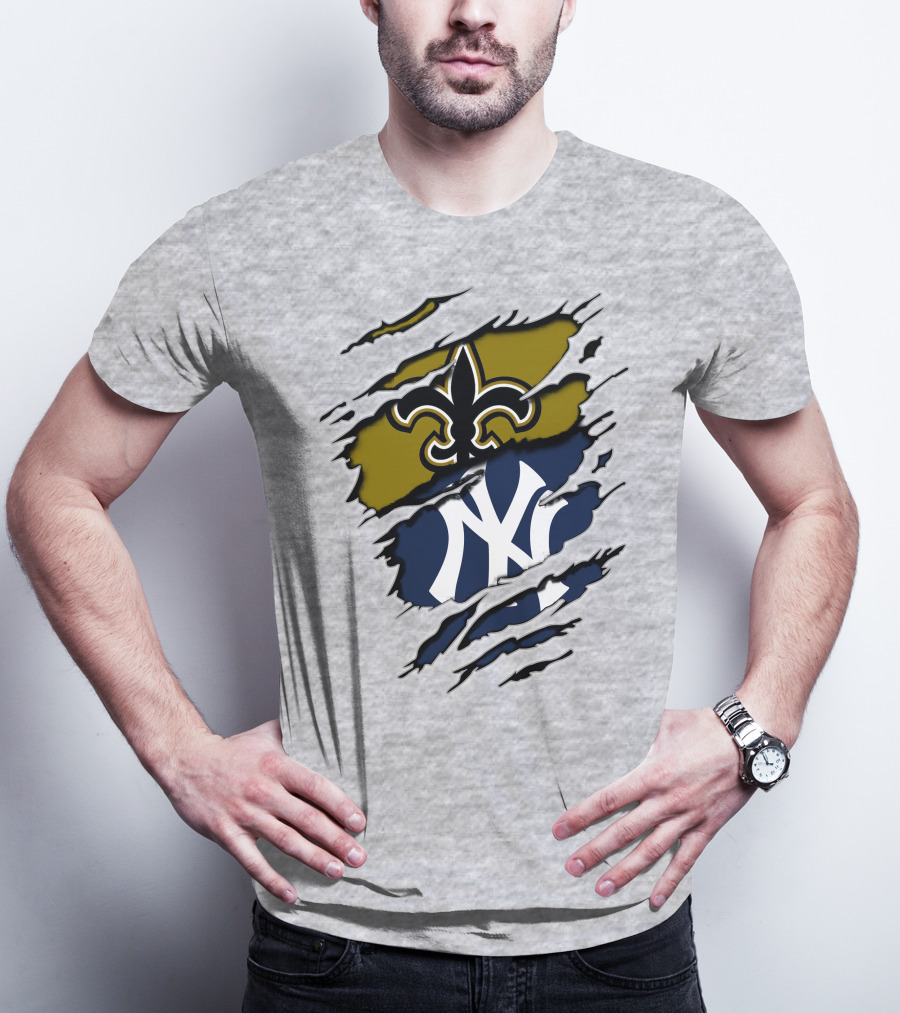 Saints Yankees Fleur-de-Lis And Interlocking NY Symbol Torn T-Shirt