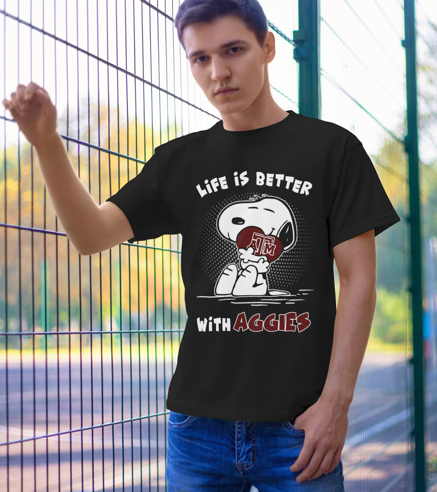 Life Is Better With Aggies Texas A&M Snoopy Hugging Football T-Shirt