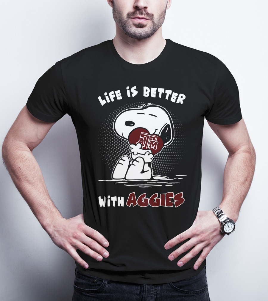 Life Is Better With Aggies Texas A&M Snoopy Hugging Football T-Shirt