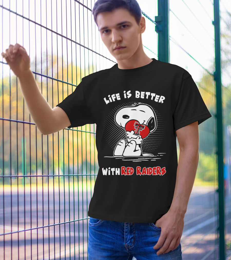 Life Is Better With Red Raiders Snoopy Hugging Texas Tech Heart T-Shirt