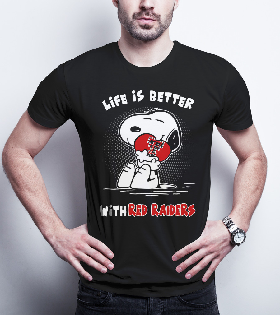 Life Is Better With Red Raiders Snoopy Hugging Texas Tech Heart T-Shirt