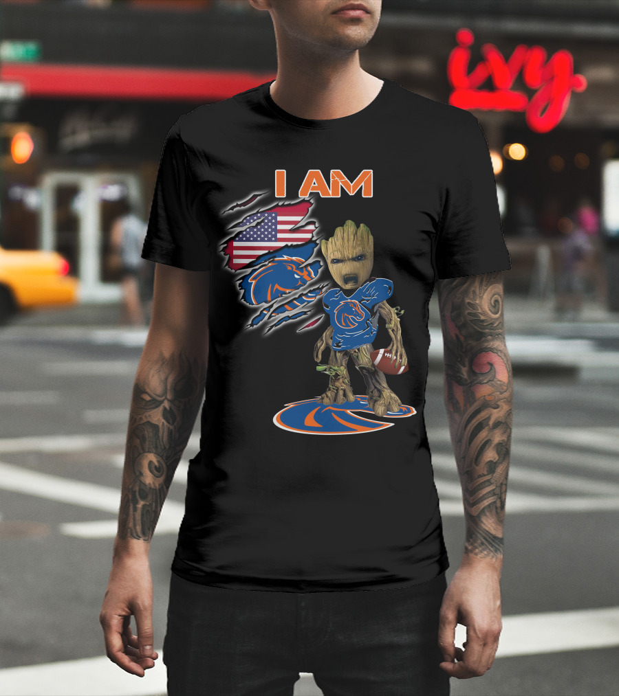 I Am Boise State Broncos Baby Groot Football American Flag T-Shirt