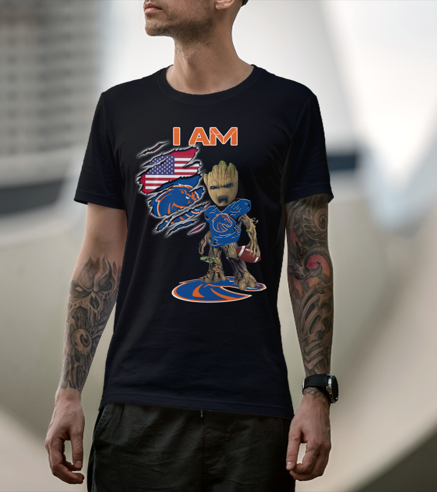 I Am Boise State Broncos Baby Groot Football American Flag T-Shirt