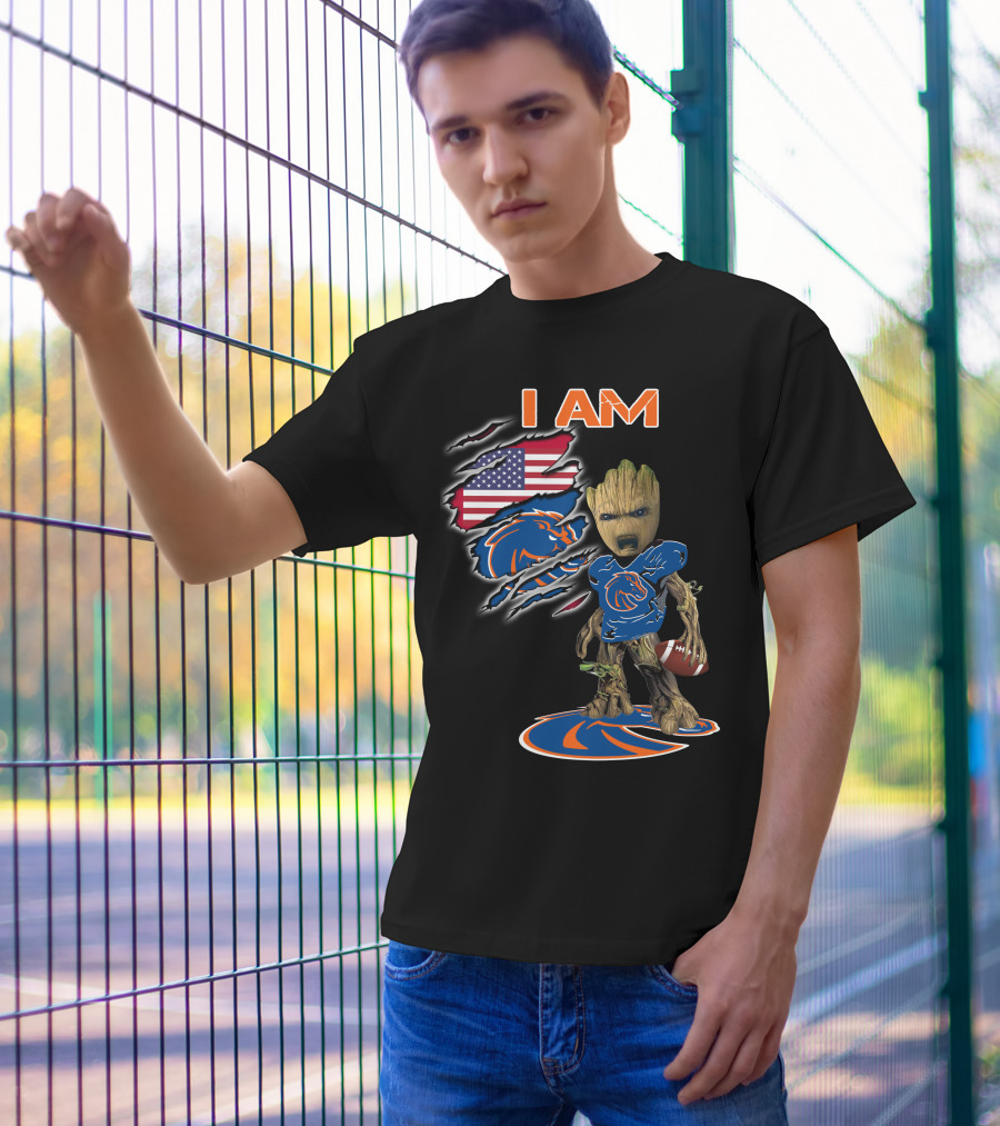 I Am Boise State Broncos Baby Groot Football American Flag T-Shirt