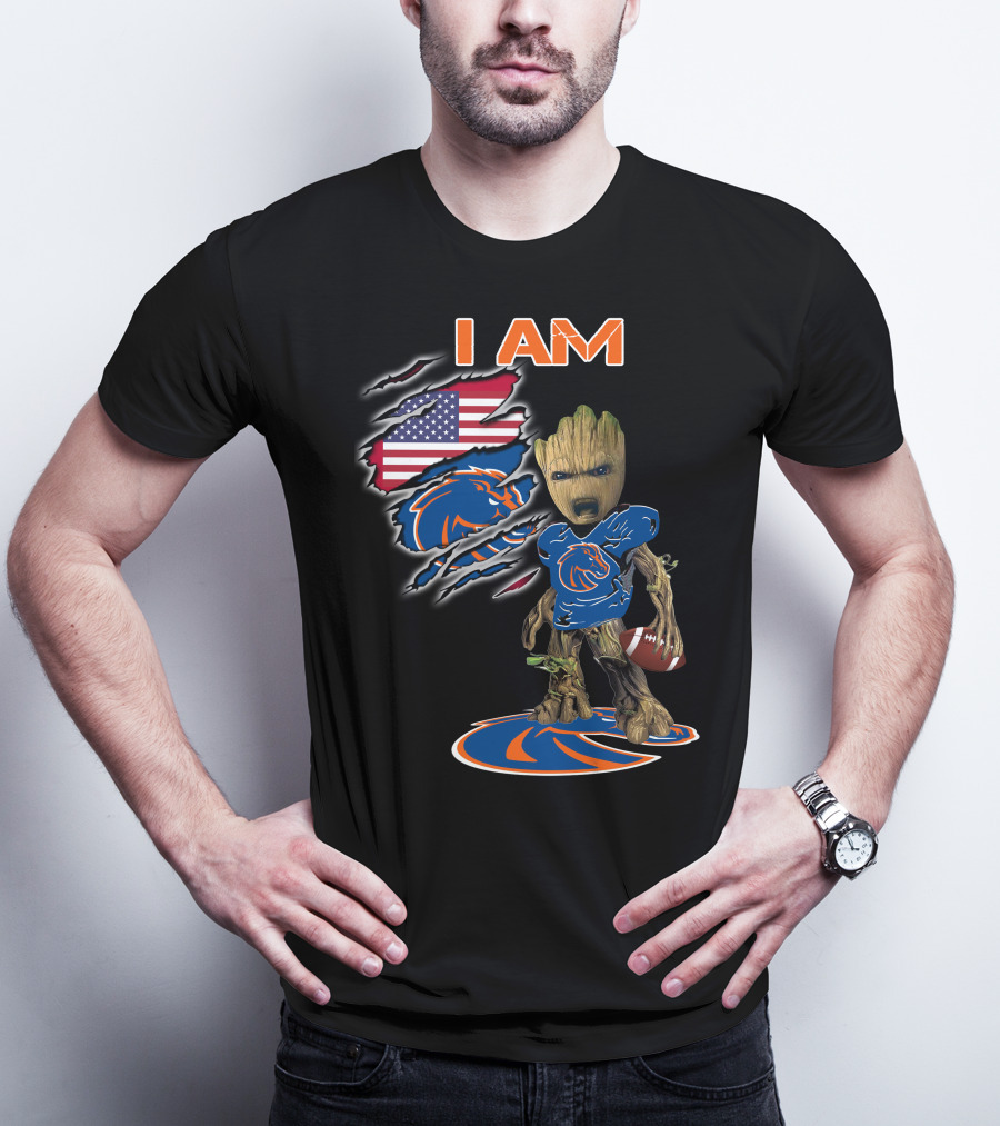 I Am Boise State Broncos Baby Groot Football American Flag T-Shirt