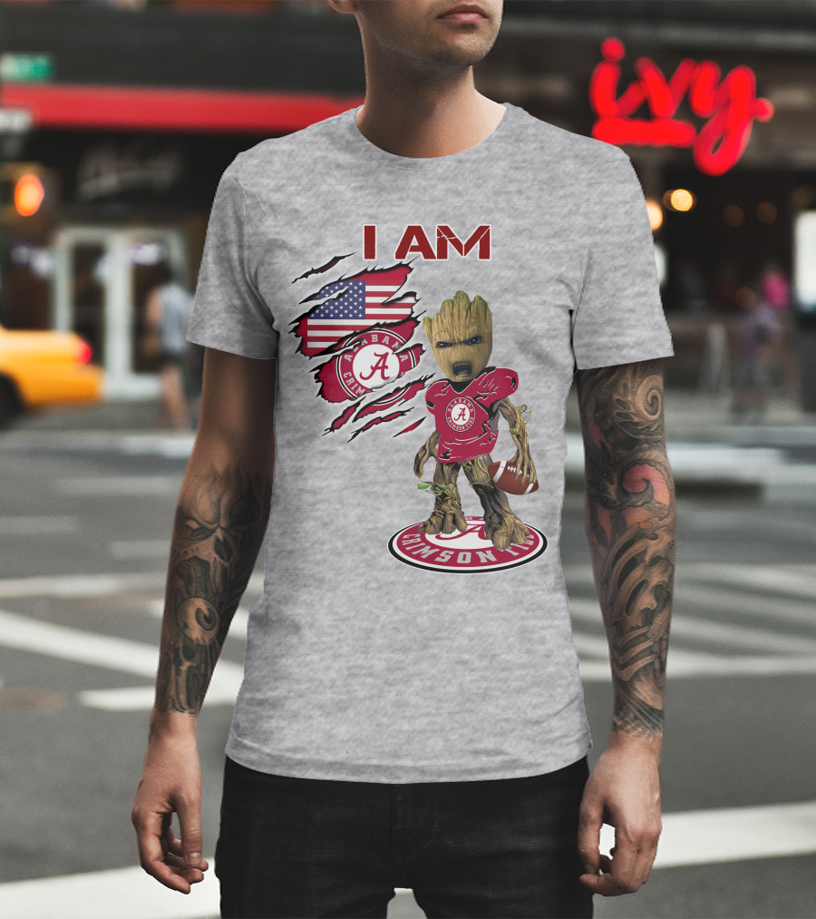 I Am Alabama Crimson Tide Baby Groot Football T-Shirt