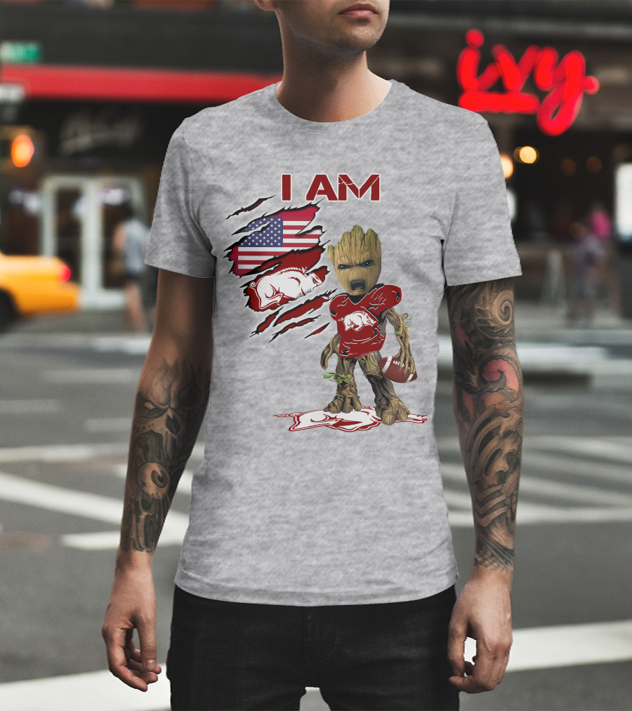 I Am Arkansas Baby Groot Razorbacks Football USA Flag T-Shirt