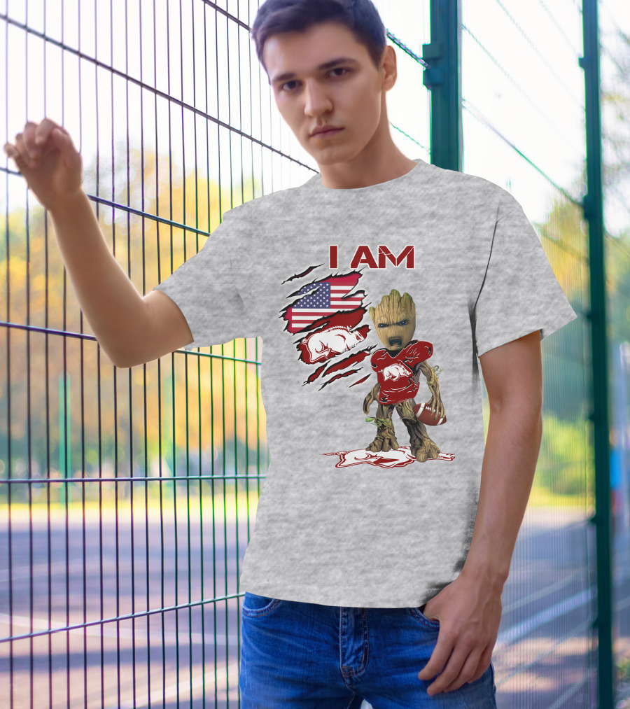 I Am Arkansas Baby Groot Razorbacks Football USA Flag T-Shirt