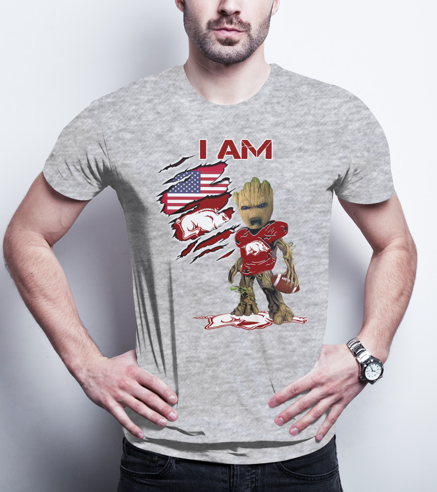 I Am Arkansas Baby Groot Razorbacks Football USA Flag T-Shirt