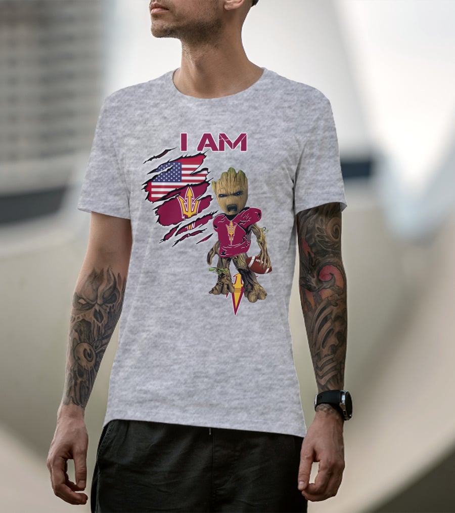 I Am Asu Baby Groot Arizona State University Football Fan Art American Flag T-Shirt