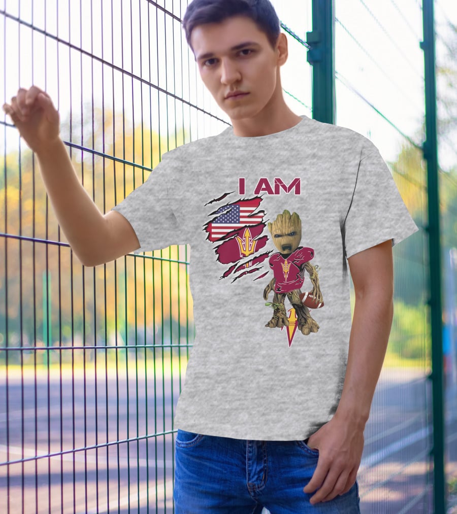 I Am Asu Baby Groot Arizona State University Football Fan Art American Flag T-Shirt