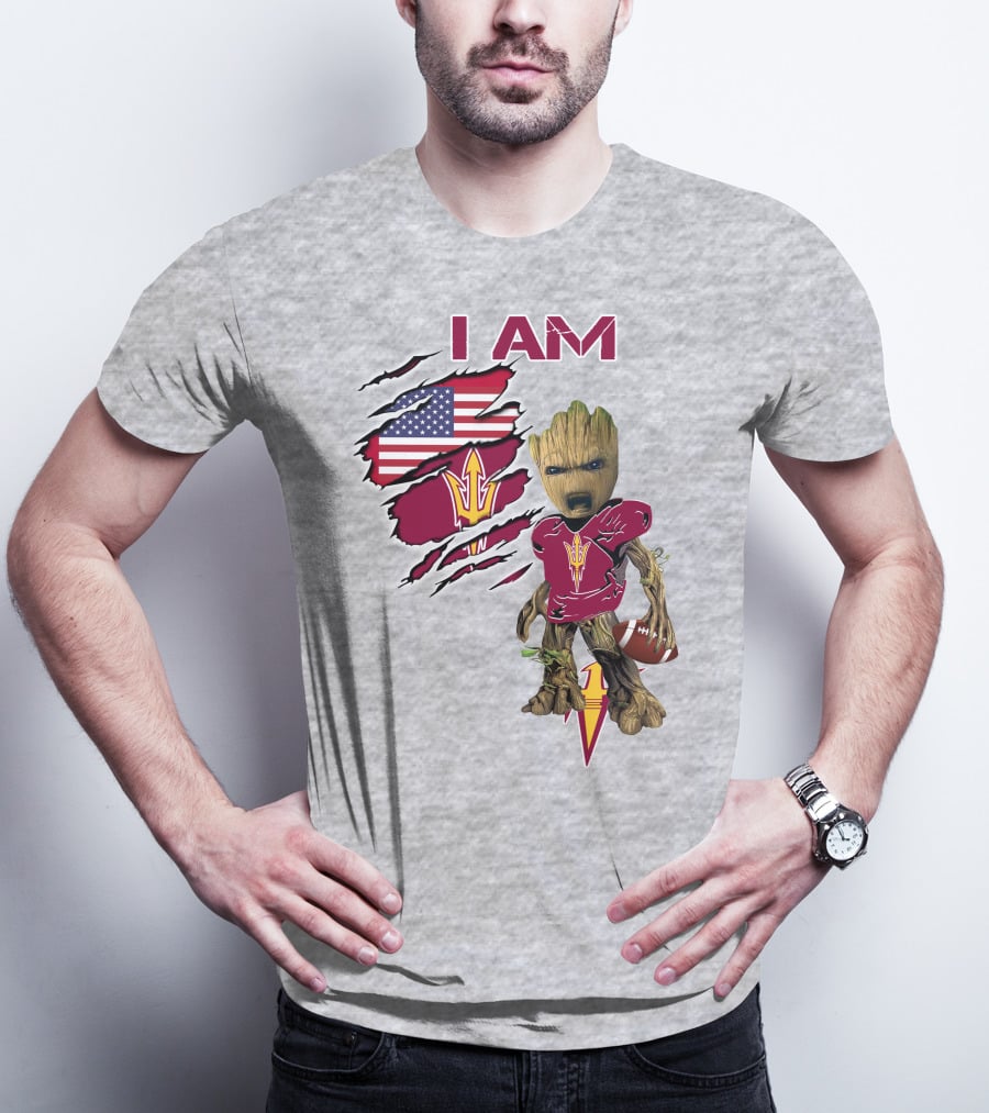 I Am Asu Baby Groot Arizona State University Football Fan Art American Flag T-Shirt