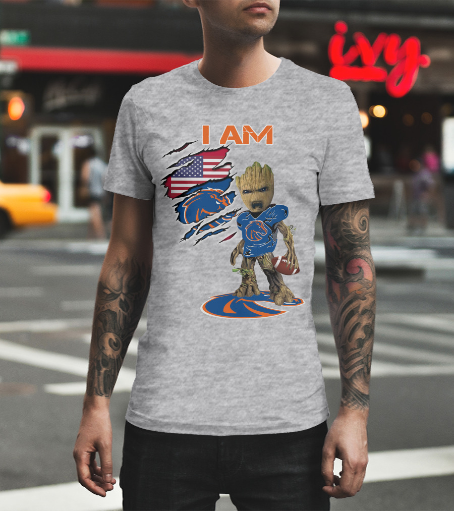I Am Baby Groot Boise State Broncos Football American Flag T-Shirt