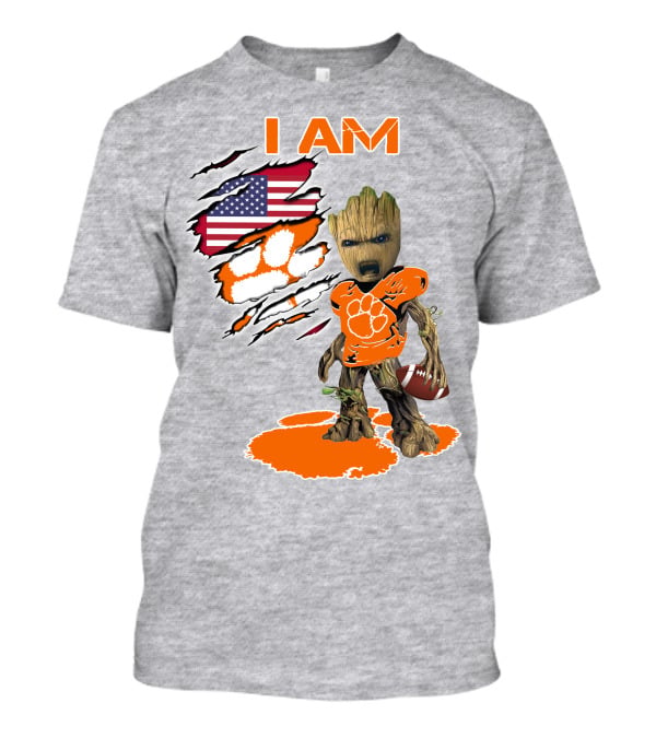 I AM Clemsons Baby Groot American Flag Football Paw Prints T-Shirt