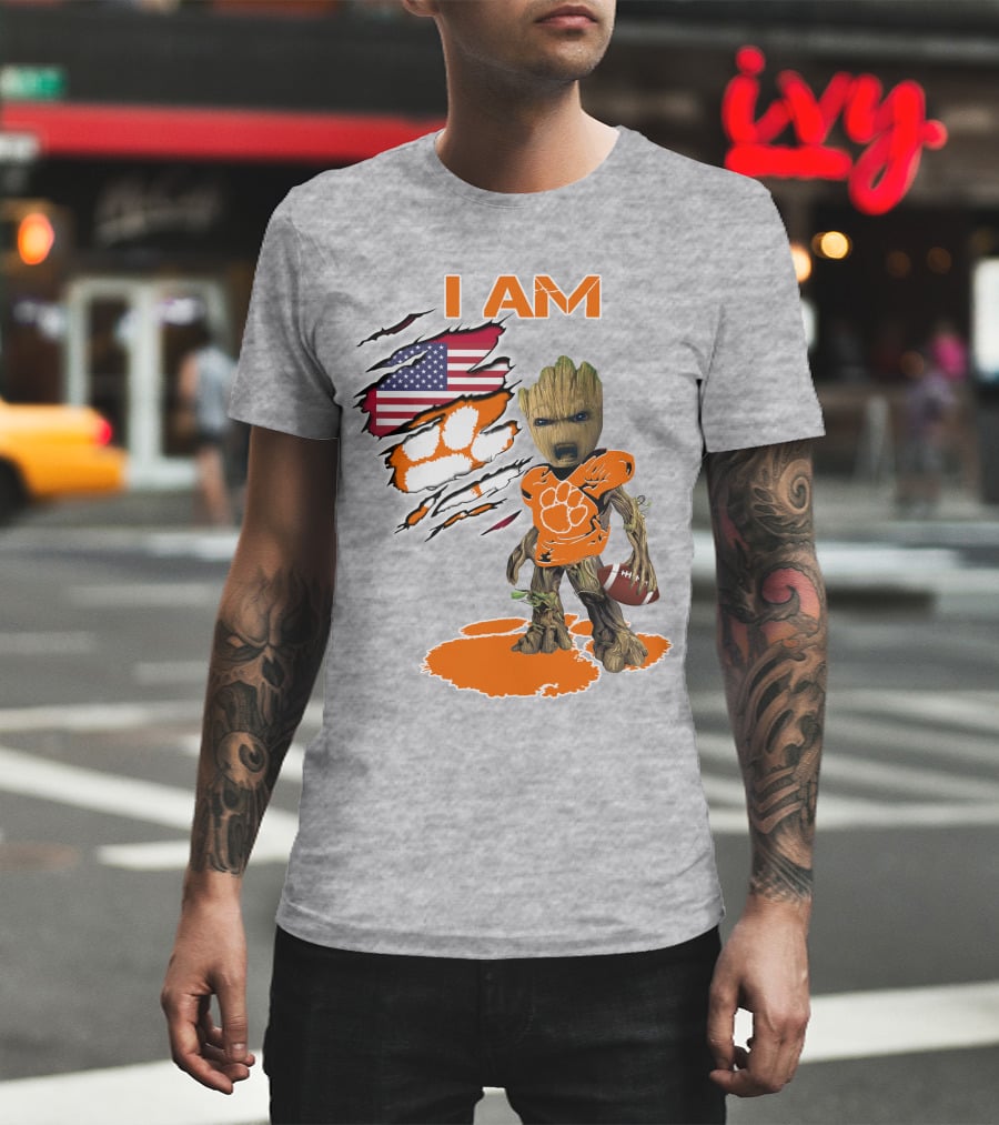I AM Clemsons Baby Groot American Flag Football Paw Prints T-Shirt