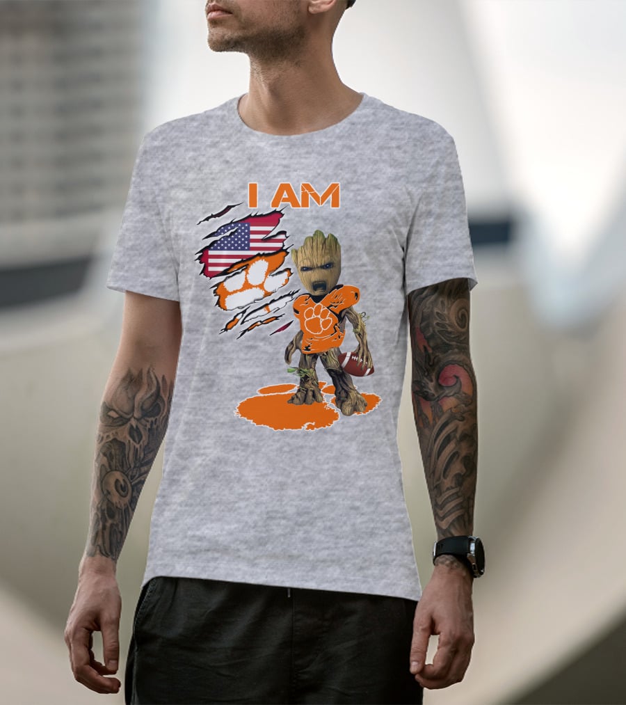 I AM Clemsons Baby Groot American Flag Football Paw Prints T-Shirt