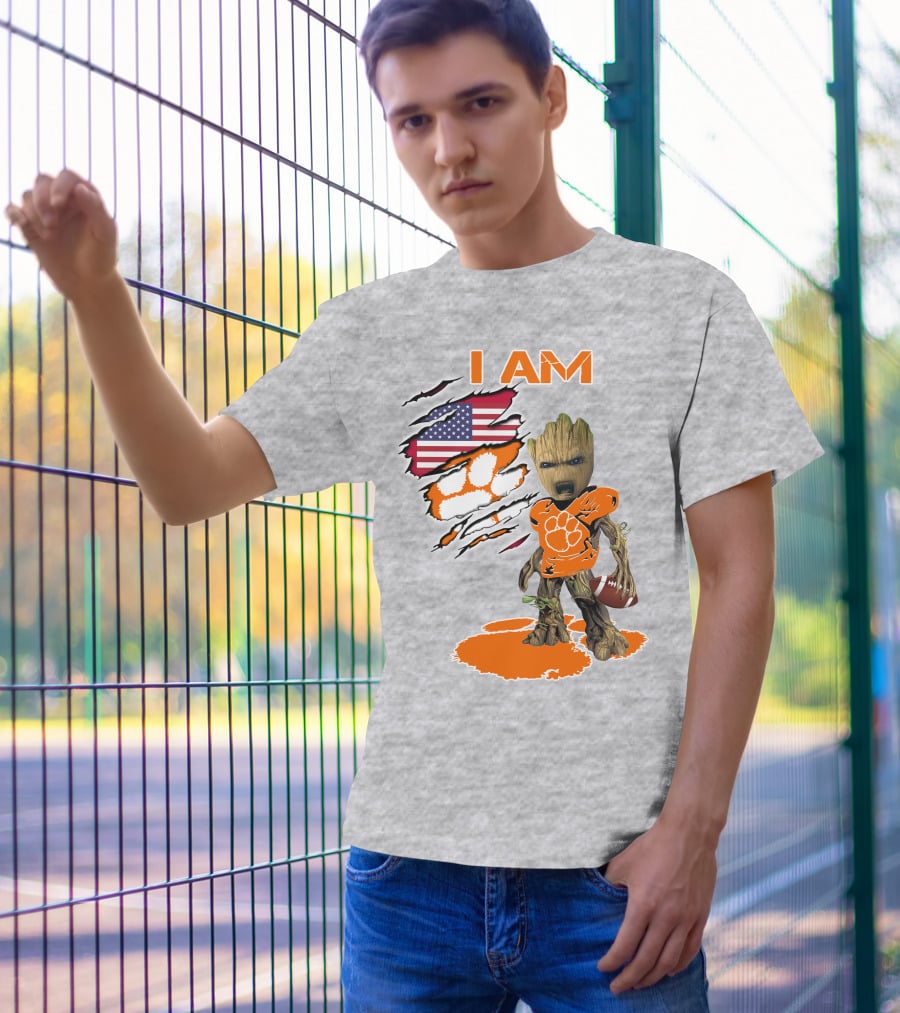 I AM Clemsons Baby Groot American Flag Football Paw Prints T-Shirt
