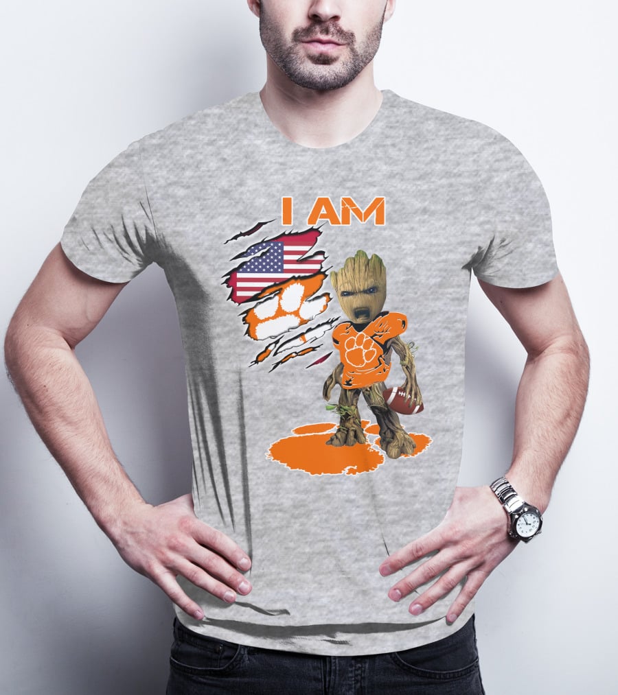 I AM Clemsons Baby Groot American Flag Football Paw Prints T-Shirt