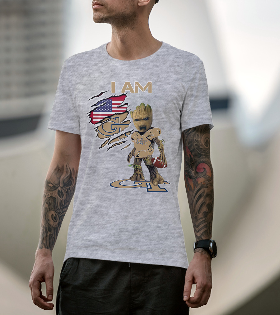 I Am Georgia Tech GT Baby Groot American Flag Football T-Shirt
