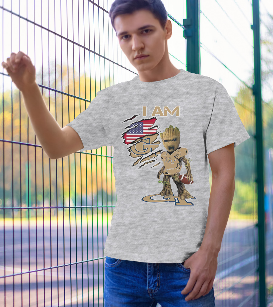 I Am Georgia Tech GT Baby Groot American Flag Football T-Shirt